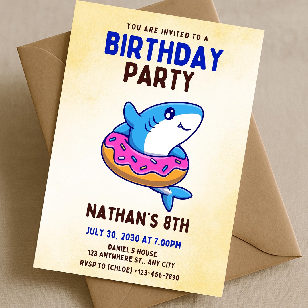 Shark Donut Birthday Invitation for Kids, Cute Shark Donut Float Party ...