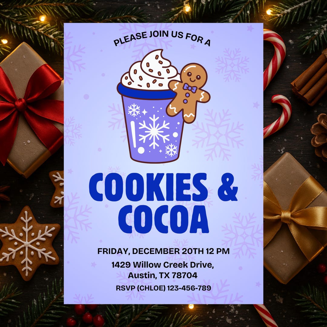 Blue Cookies & Cocoa Party Invitation, Hot Cocoa Christmas Invite ...