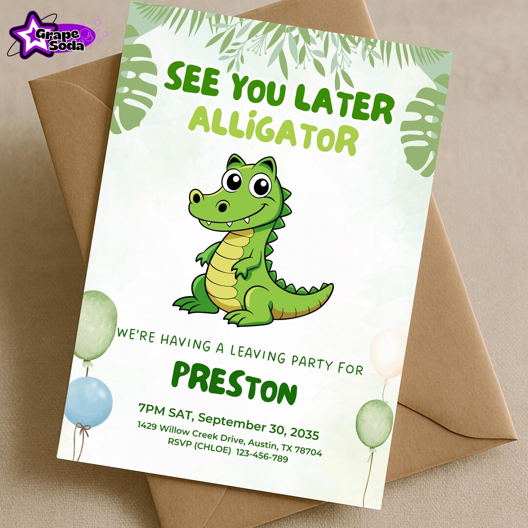 See You Later Alligator Invitation, Editable Canva Watercolor Jungle ...