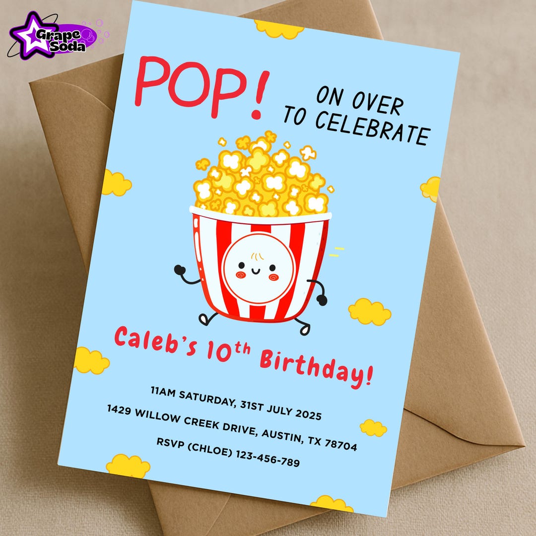 Editable Popcorn Birthday Invitation, Movie Theme Party Invite for Kids ...