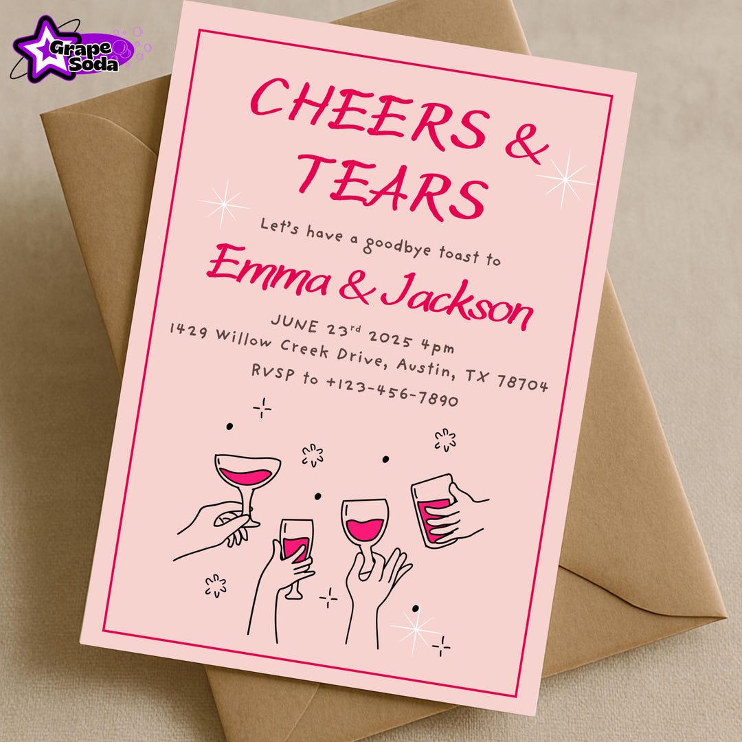 Pink Cheers & Tears Farewell Party Invitation, Editable Goodbye Party ...