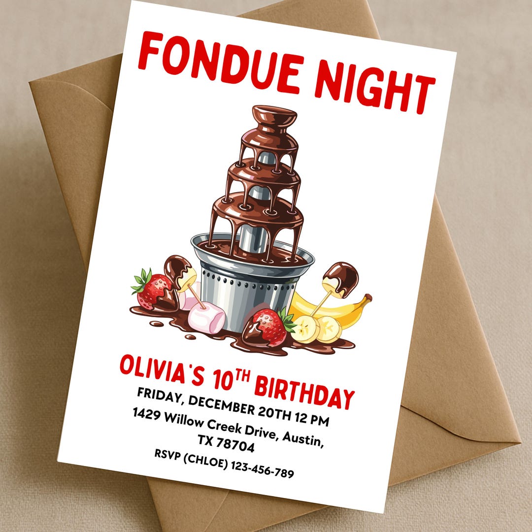 Fondue Night Birthday Invitation, Adult Birthday Chocolate Fondue Party ...