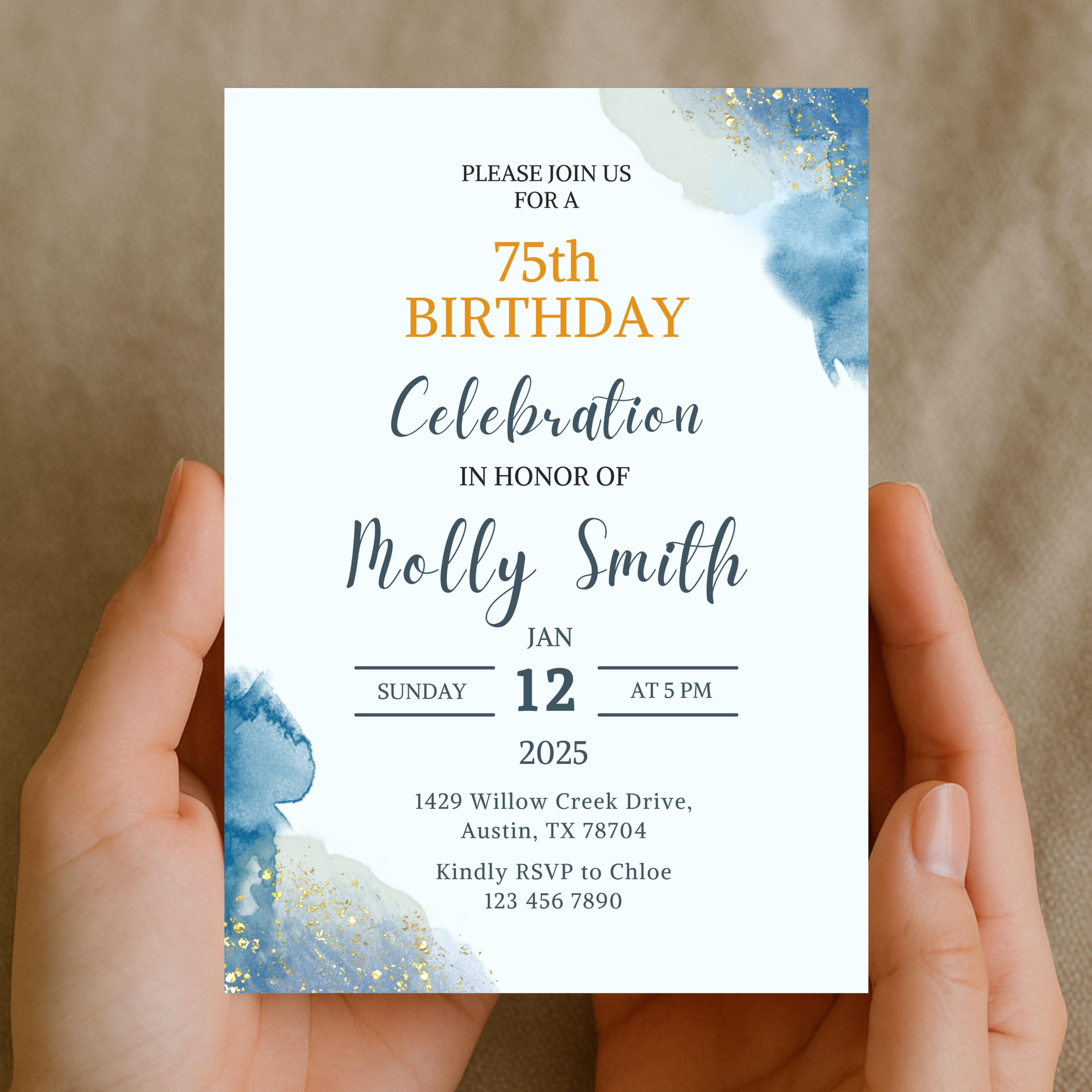 Editable Baby Blue 75th Birthday Invitation, Watercolor Birthday ...