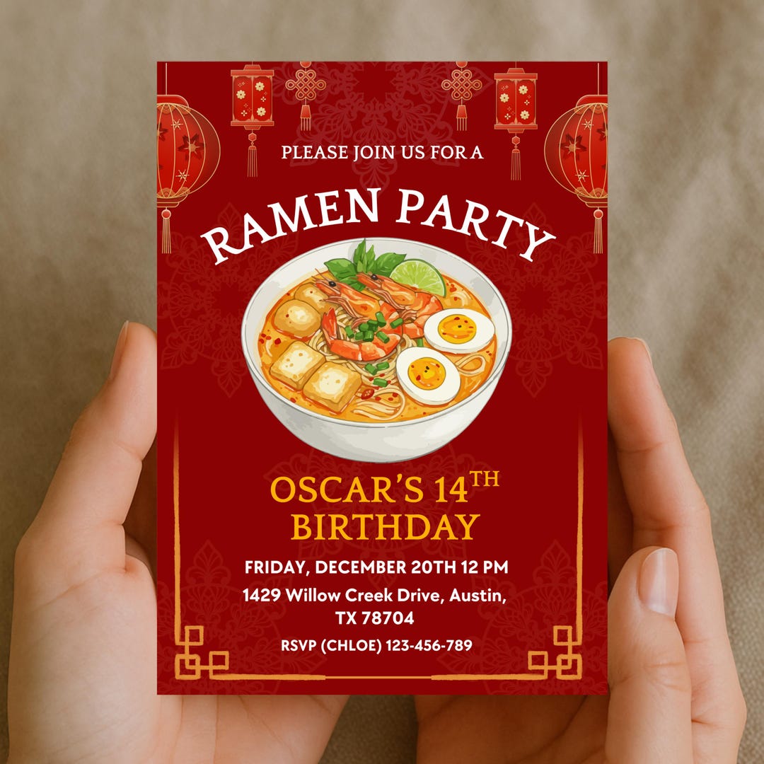 Red Ramen Party Invitation, Asian Theme Birthday Invite, Elegant Noodle ...