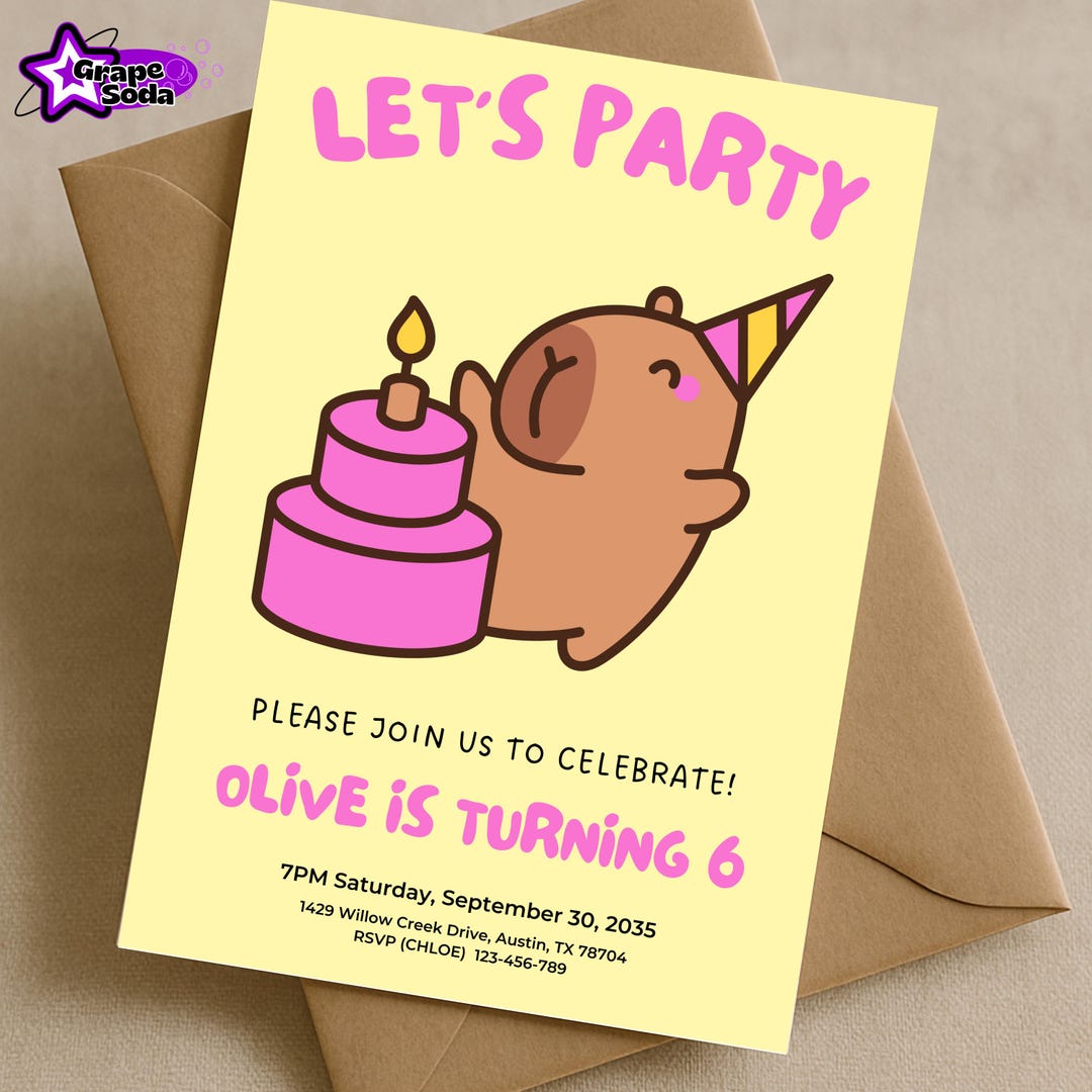 Capybara Birthday Invitation for Girls, Cute Capybara Party Invite With ...