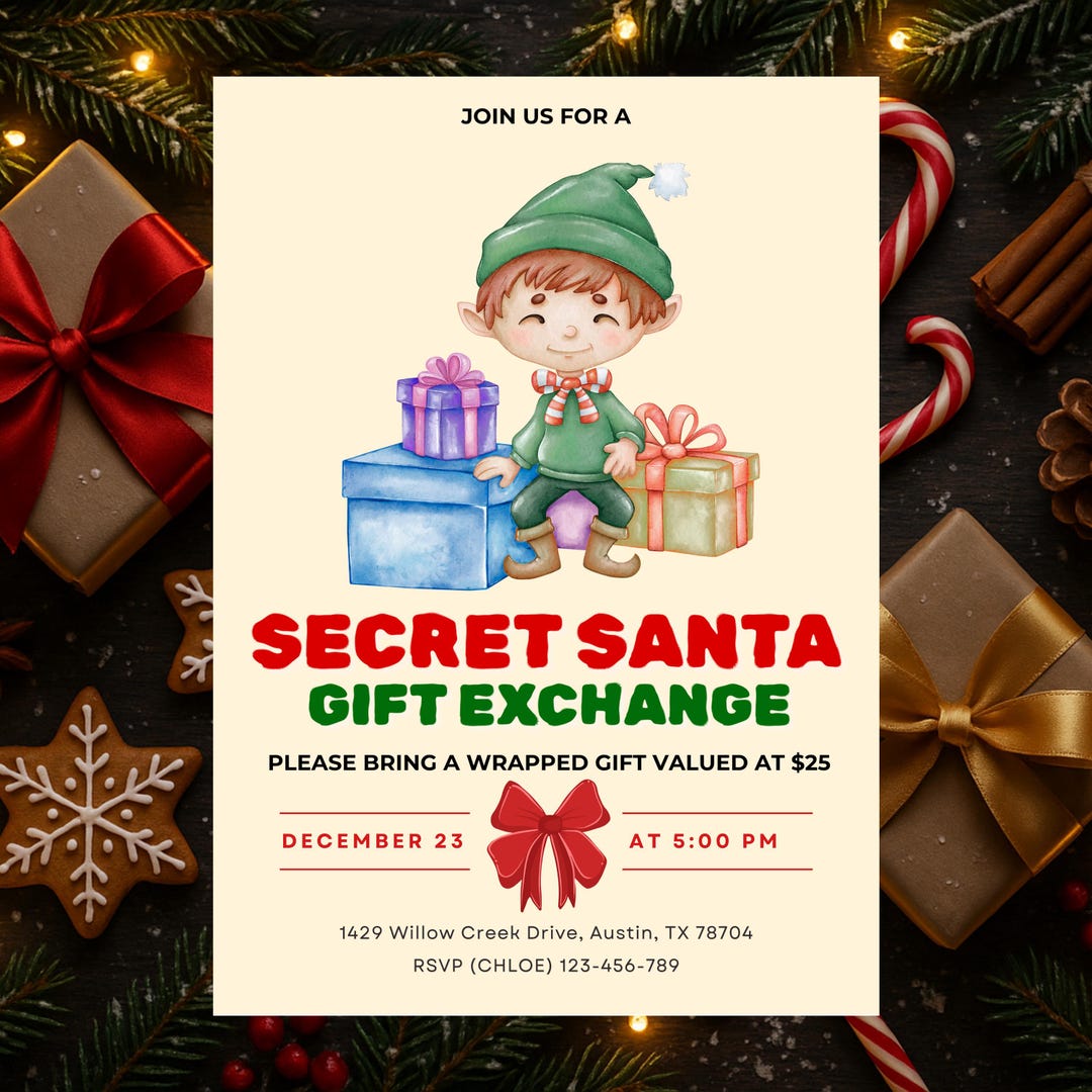 Elf Gift Exchange Invitation, Secret Santa Gift Exchange Christmas ...