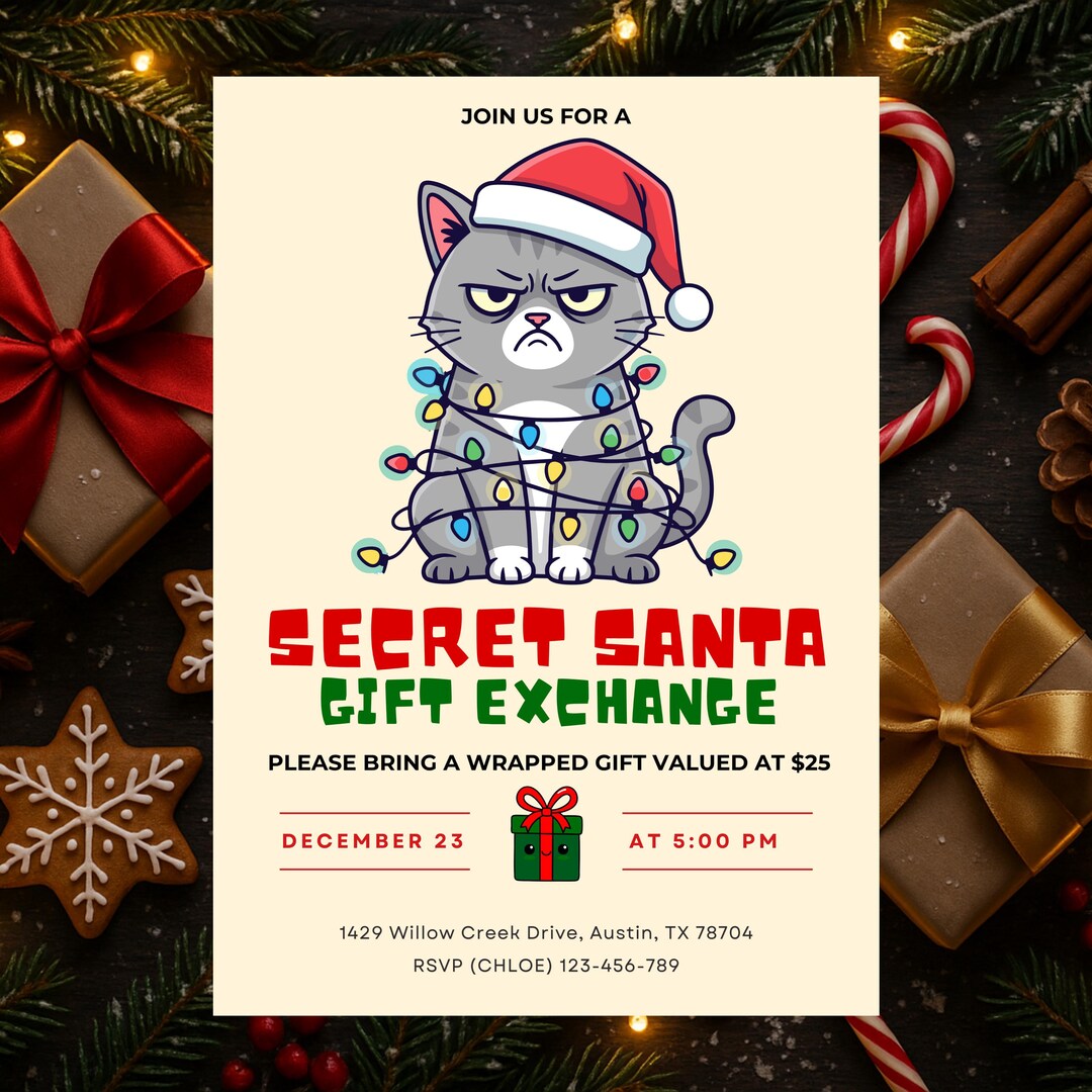 Grumpy Cat Christmas Gift Exchange Party Invite, Funny Secret Santa ...
