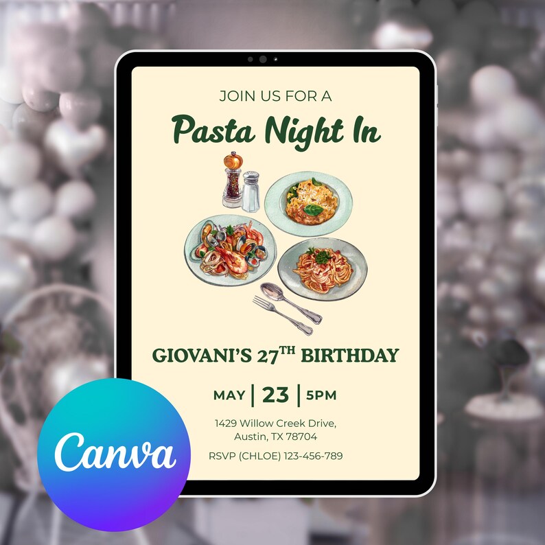 Pasta Night in Birthday Invitation, Adult Birthday Dinner Party Invite ...