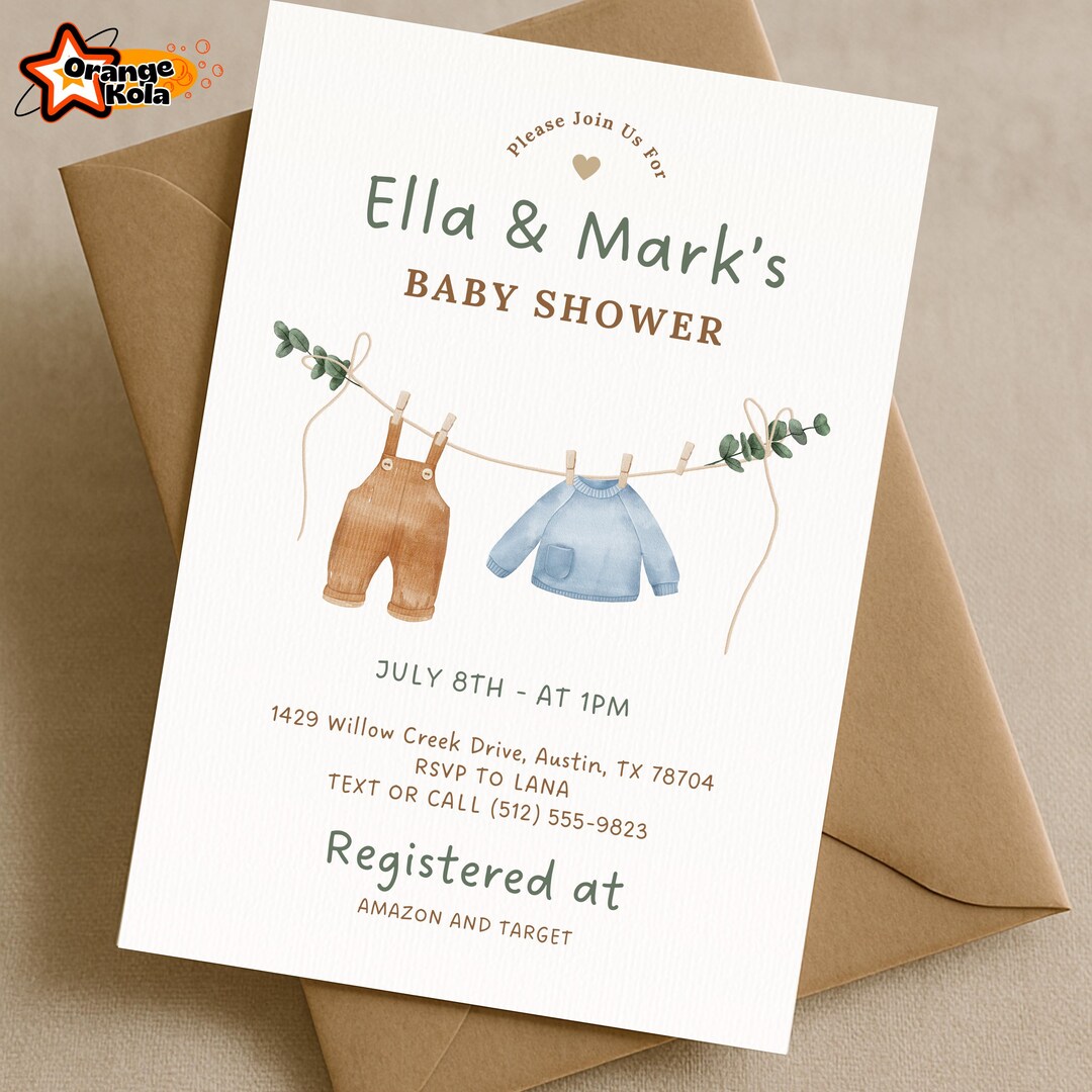 Baby Boy Clothes Line Baby Shower Invitation, Gender Neutral Editable ...