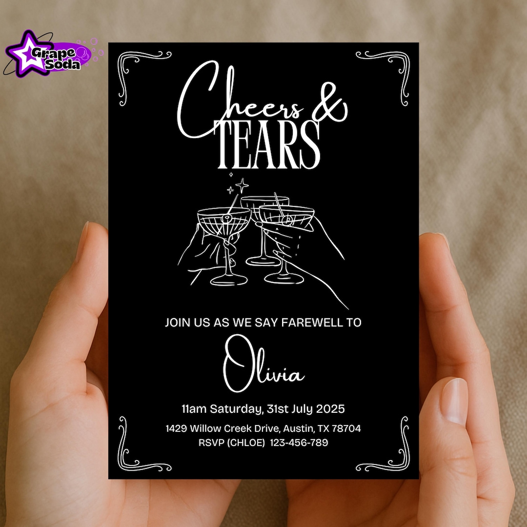 Black White Coupe Glass Line Art Cheers Send off Party Invitation ...