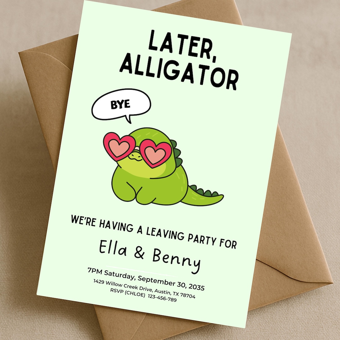 Later Alligator Leaving Party Green Invitation, Cute Green Dinosaur ...