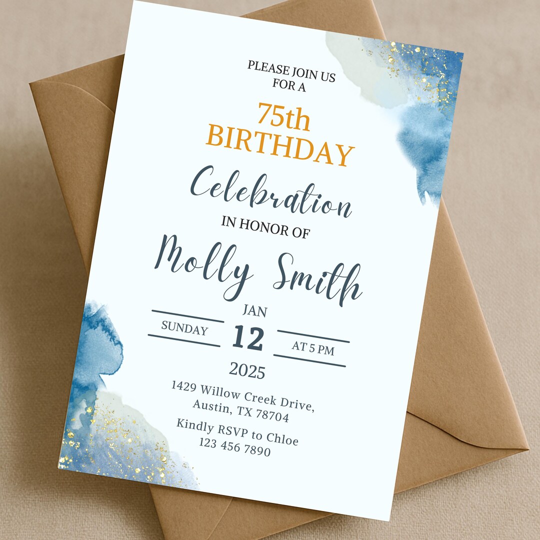 Editable Baby Blue 75th Birthday Invitation, Watercolor Birthday ...