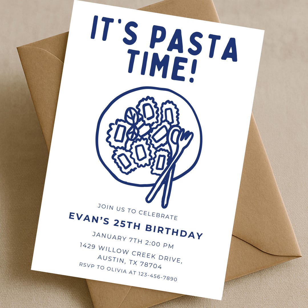 Blue Doodle Pasta Birthday Invitation Template, Italian Dinner Party ...