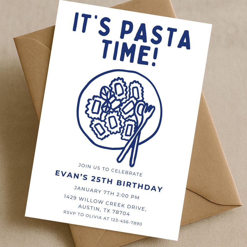 Blue Doodle Pasta Birthday Invitation Template, Italian Dinner Party ...