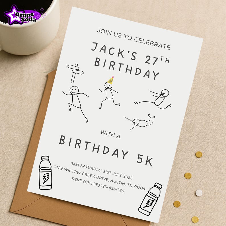 Birthday 5K Run Invitation for Runners, Black White Editable Canva Run ...