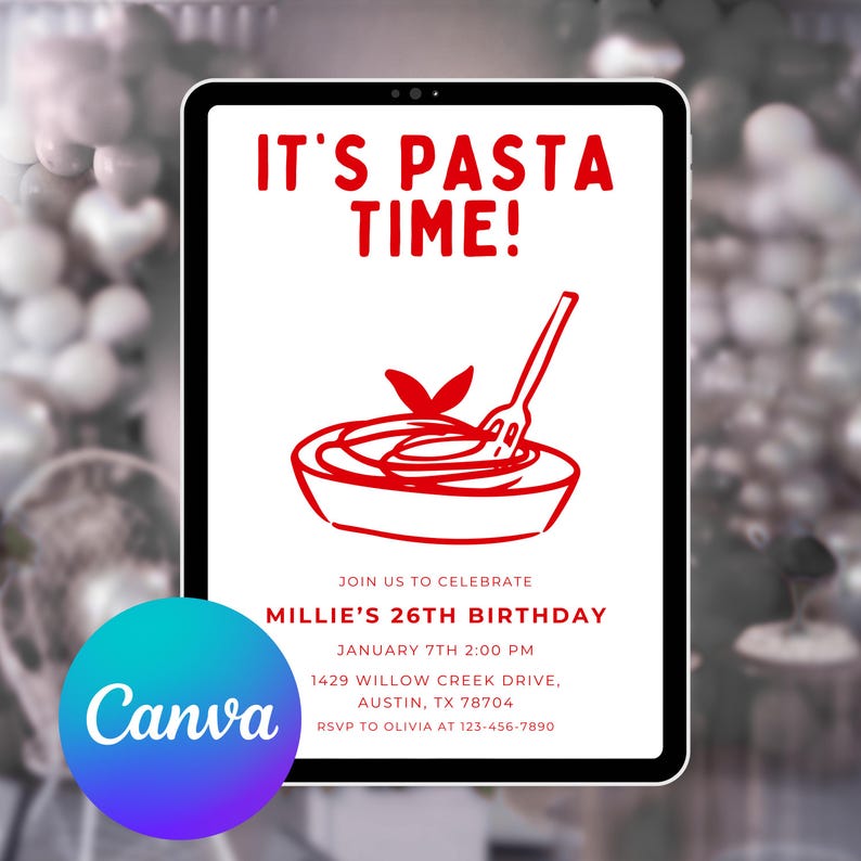 Red Doodle Pasta Birthday Invitation Template, Italian Dinner Party ...