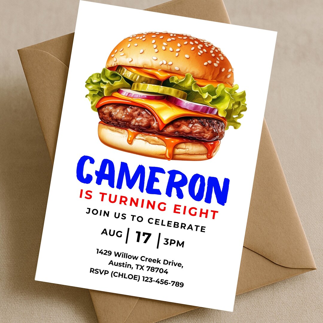 Burger Birthday Invitation Template, Hamburger Party Invite, Food Theme ...