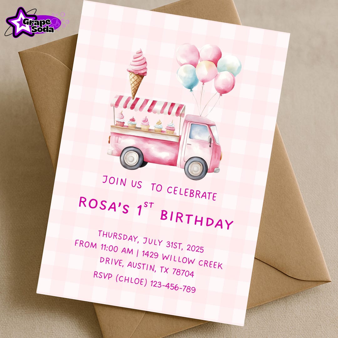 Ice Cream Truck 1st Birthday Invitation, Pink Gingham Girl Invite ...