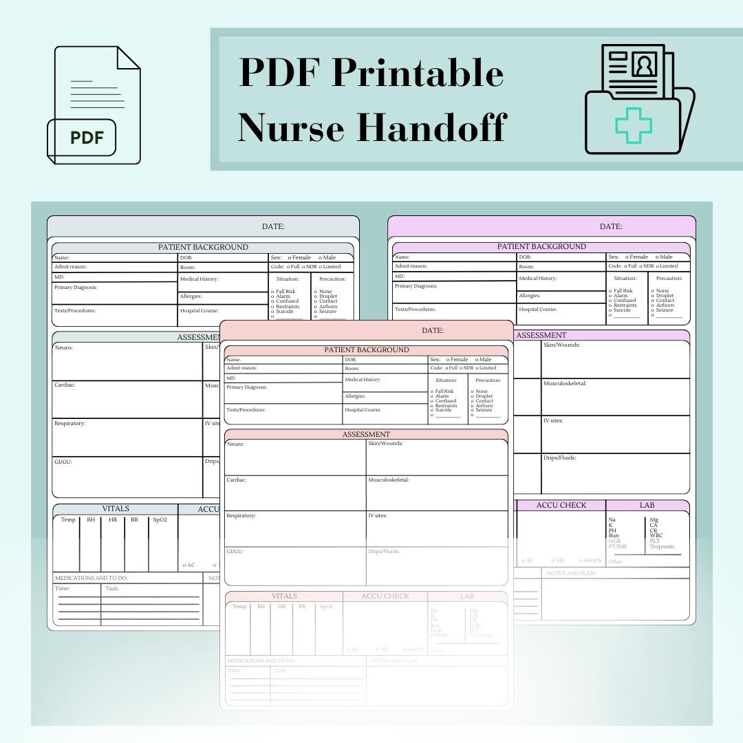 Printable Medical Handoff, Nurse Report Sheet, ICU Report Sheet, Shift ...