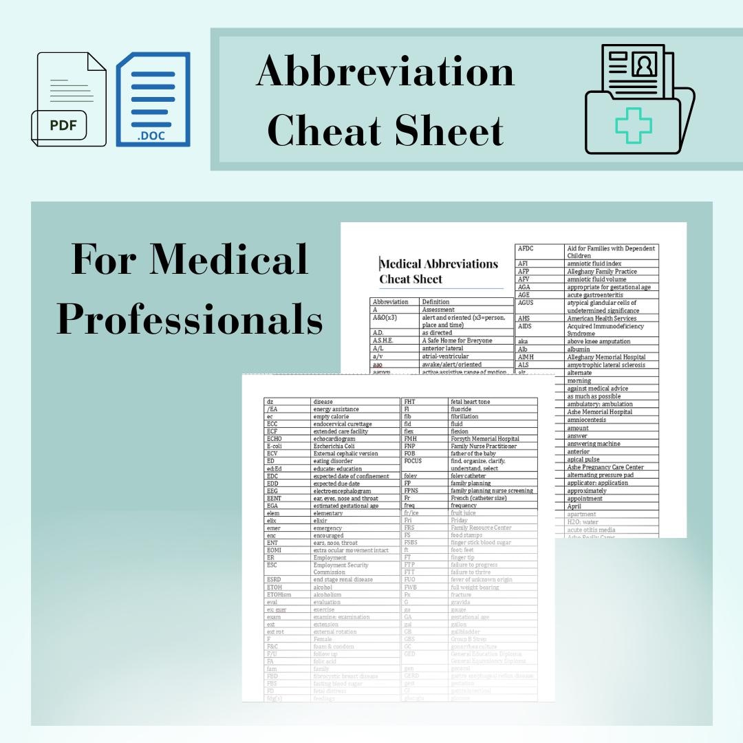 Medical Abbreviations Cheat Sheet, Printable PDF for Students, Nurses & Medical Professionals ...
