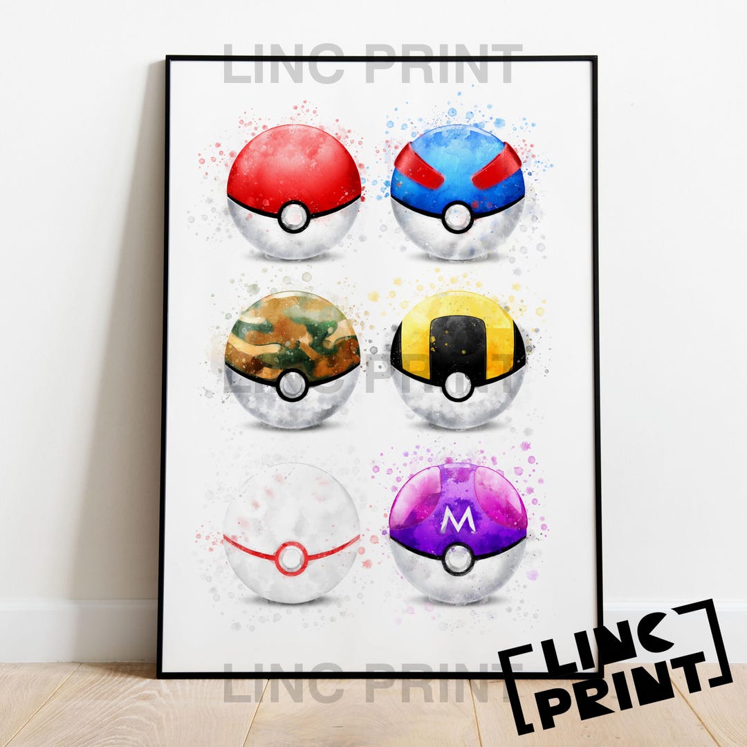 Pokemon Print 'POKEBALL SET' Splash Style Watercolour Art, Poke Ball ...