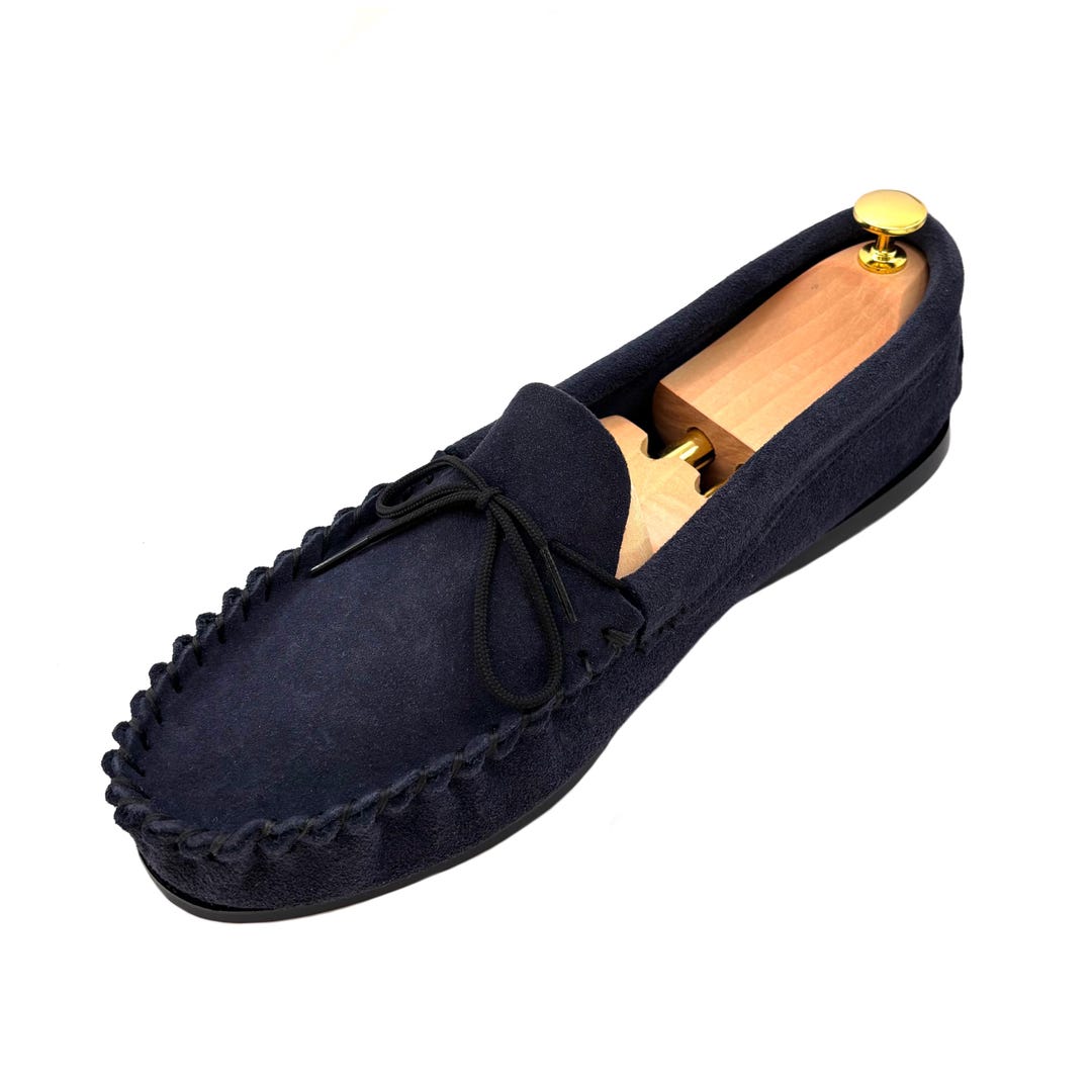 Men's Moccasin Slippers, in Indigo Blue, Unique Reversible Feel Suede ...