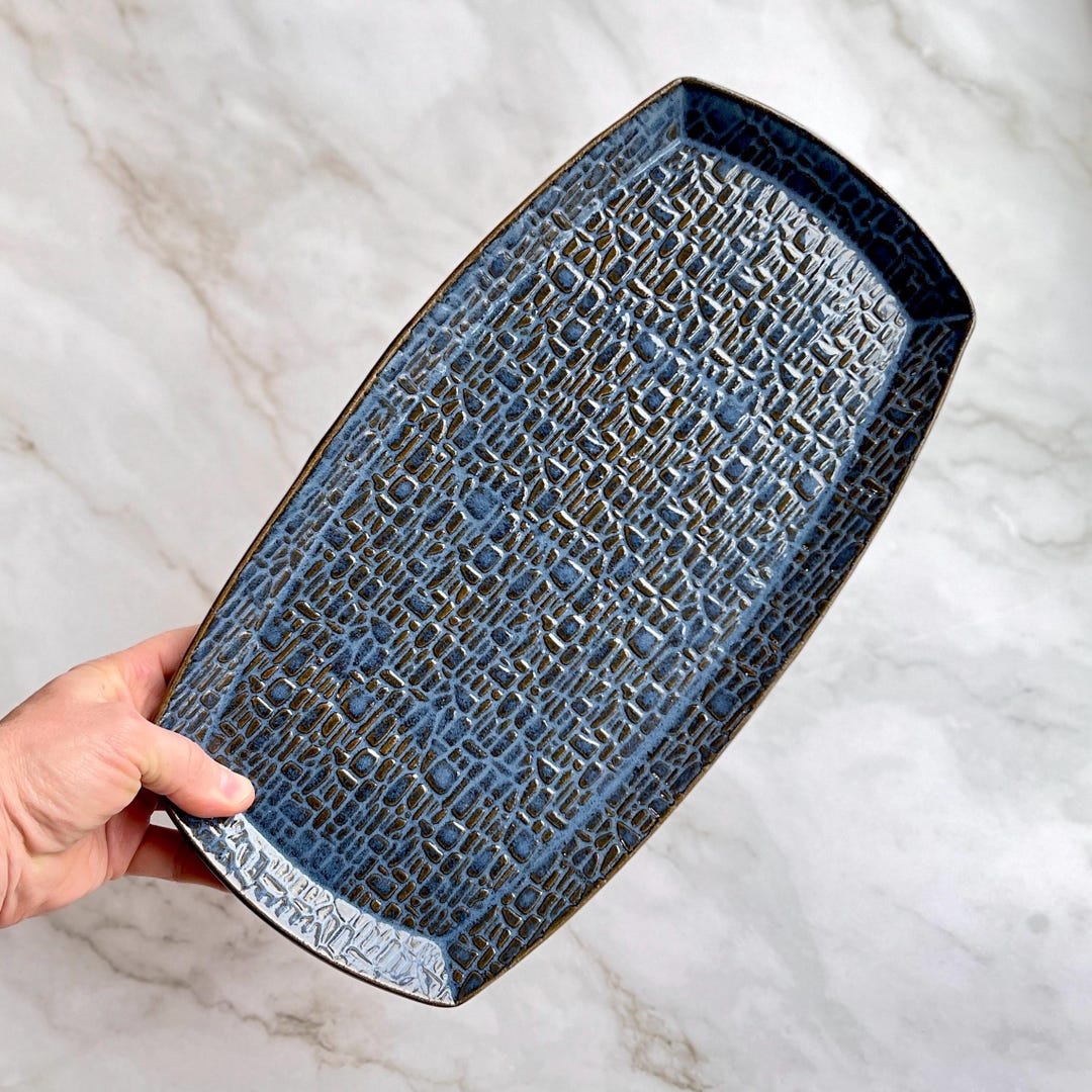 Cobblestone Texture Ceramic Serving Tray in Denim Blue. Unique ...