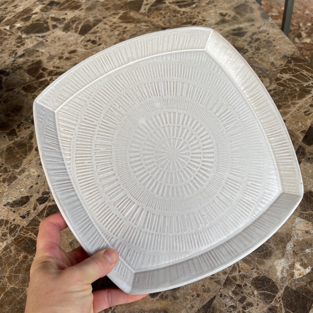 Textured 10 Rounded Square Plate in Limestone White Glaze. Unique ...