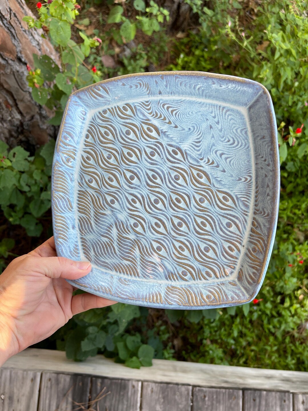 Textured 8.75” Rounded Square Plate in Sky Blue Glaze. Unique Stoneware ...