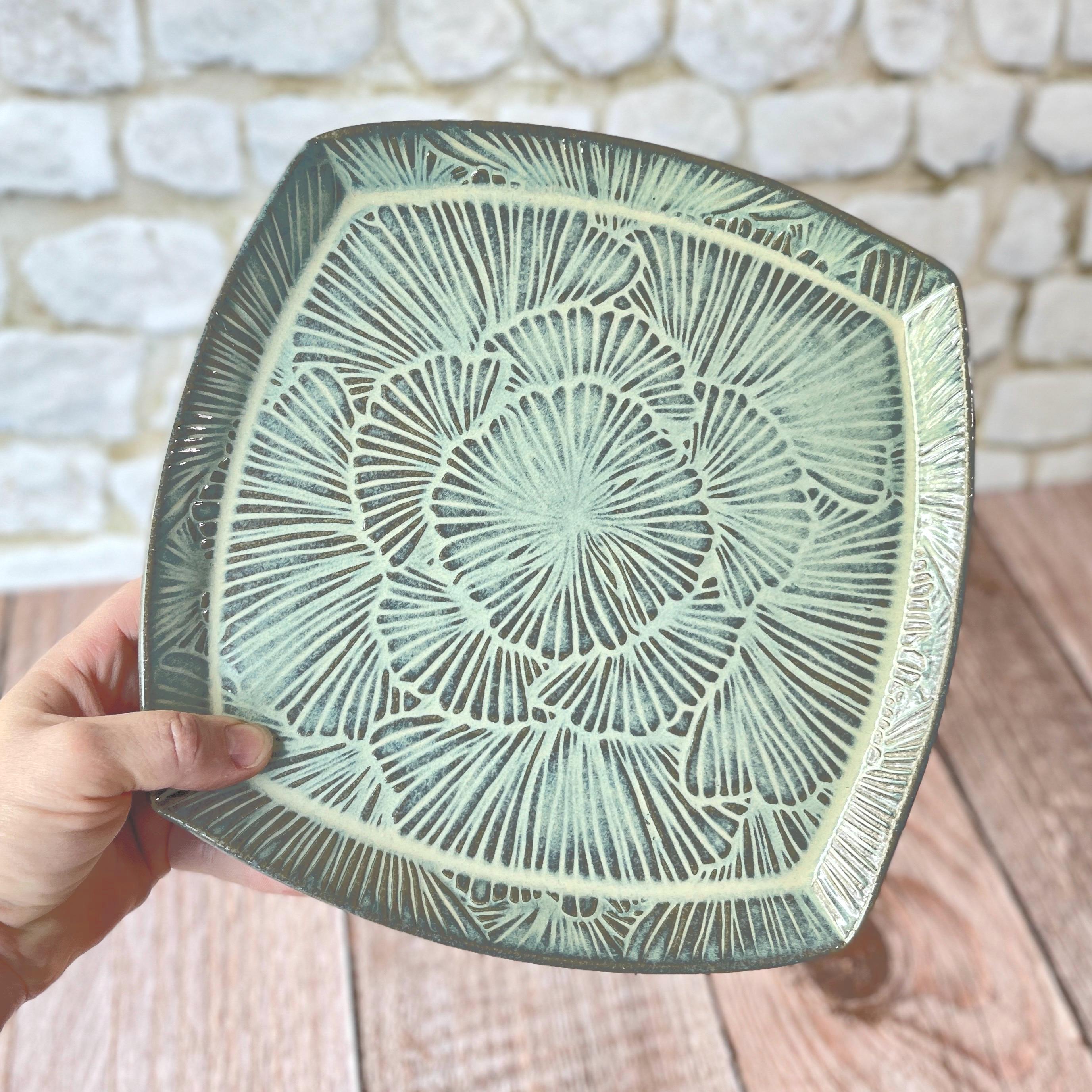 10” Rounded Square Plate With Large Flower Texture in Lagoon Green ...