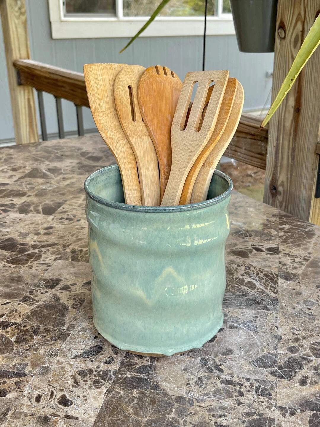 Stoneware Pottery Utensil Jar in Lagoon Glaze. Handmade Wheel Thrown ...