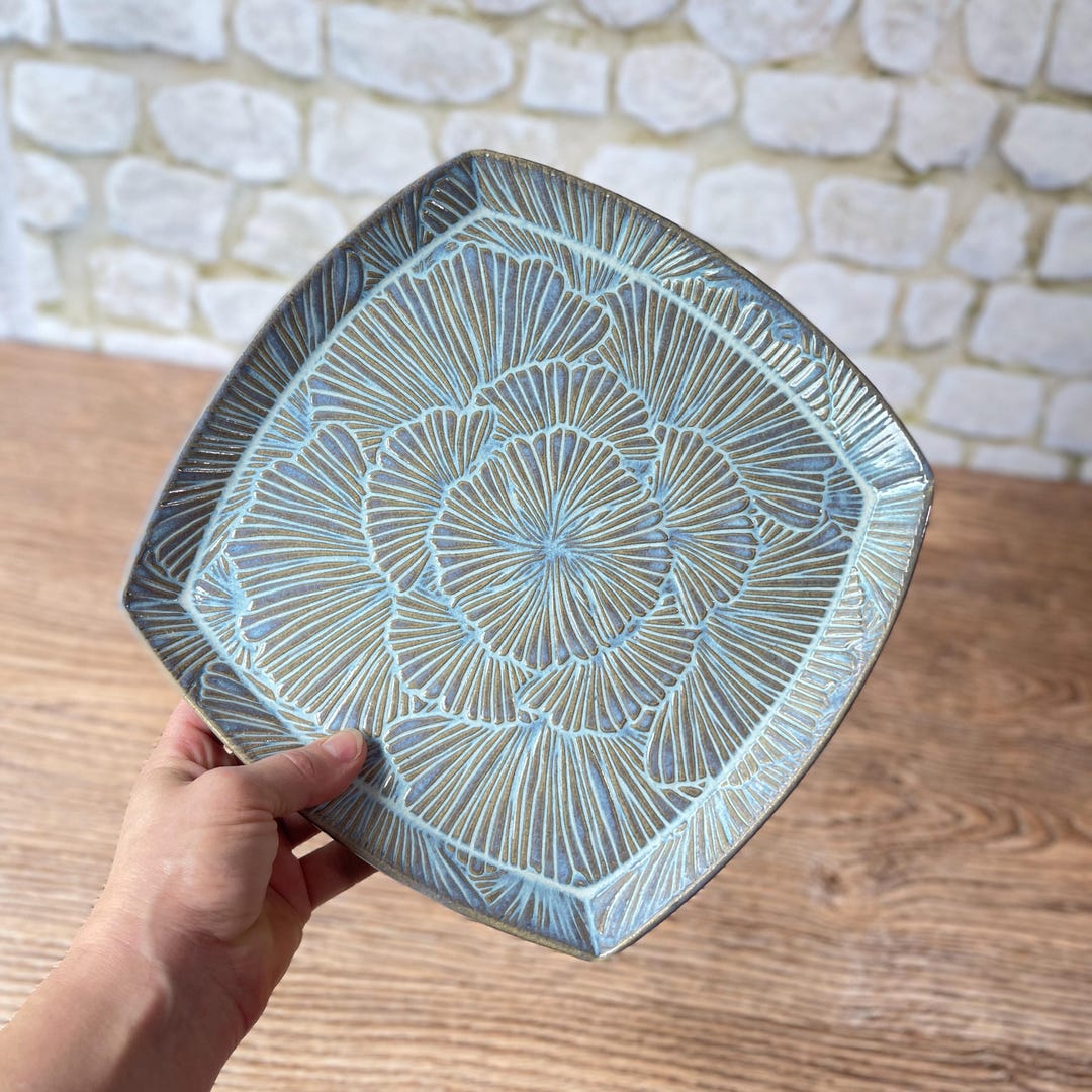 10” Rounded Square Plate With Large Flower Texture in Sky Blue Glaze ...