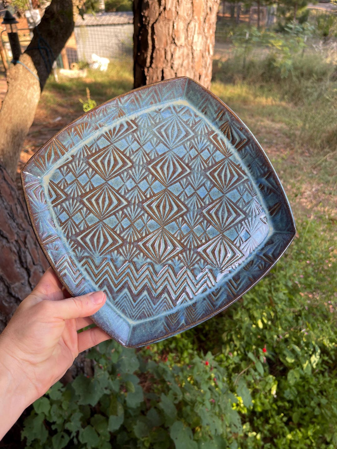 Textured 10 Rounded Square Plate in Rain Glaze. Unique Stoneware ...