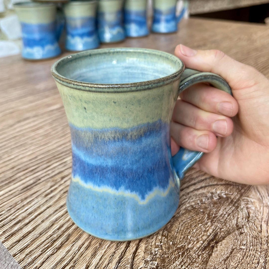 Coffee or Tea Mug in Soft Blue and Green Glazes. 12oz Hourglass Shape ...
