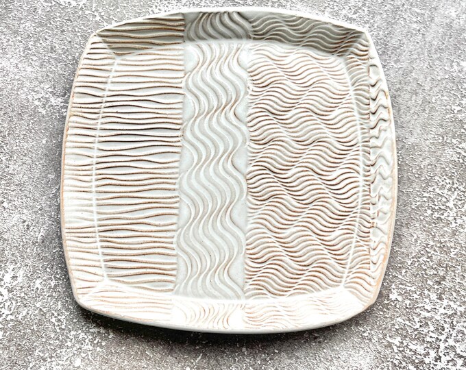 Textured 8.75” Rounded Square Plate in Limestone (off White) Glaze ...