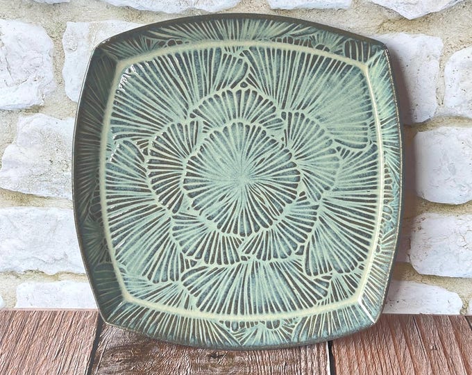 10” Rounded Square Plate With Large Flower Texture in Lagoon Green ...