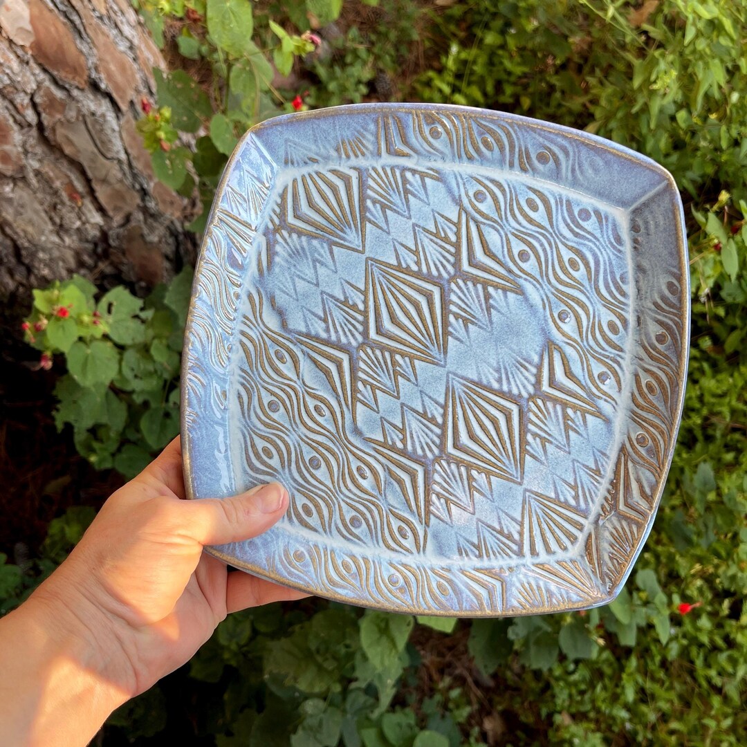 Textured 8.75” Rounded Square Plate in Sky Blue Glaze. Unique Stoneware ...