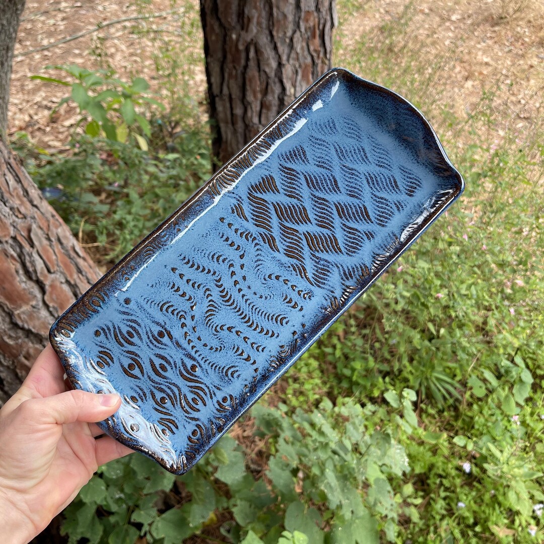 Textured Ceramic Serving Tray in Celestial Blue. Unique Stoneware ...