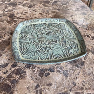 10 Rounded Square Plate With Large Flower Texture in Lagoon Green Glaze ...