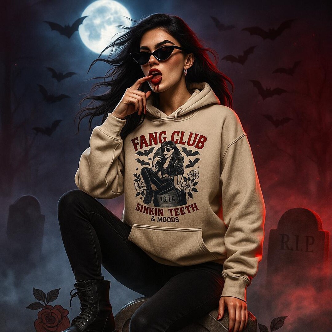 Fang Club Hoodie – Vampire Girl Halloween Sweatshirt – Retro Goth Fang ...
