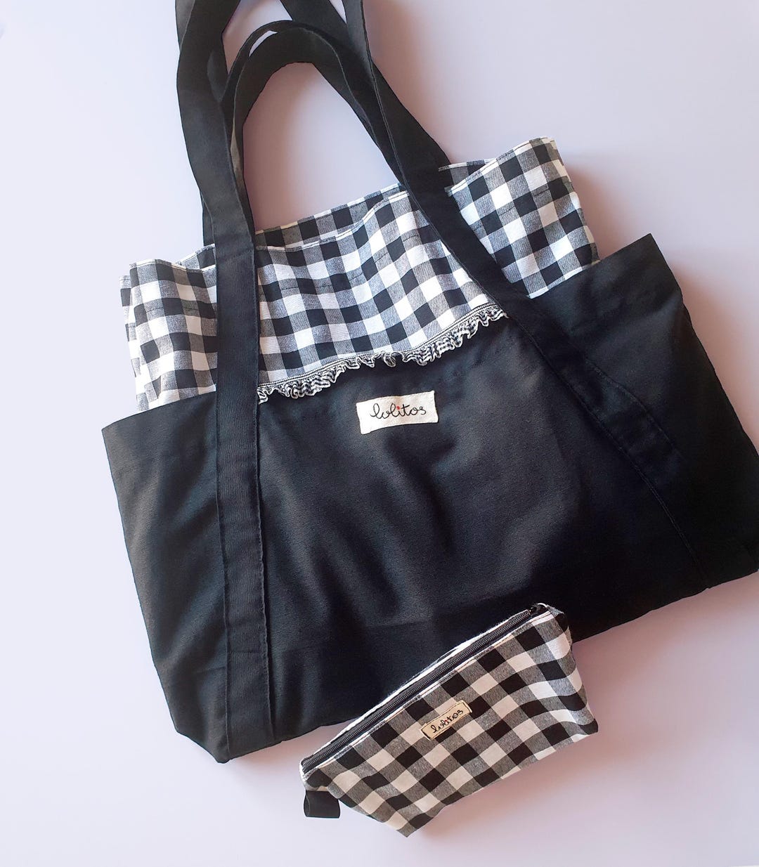 Black Vichy Tote Bag With Matching Pouch - Etsy