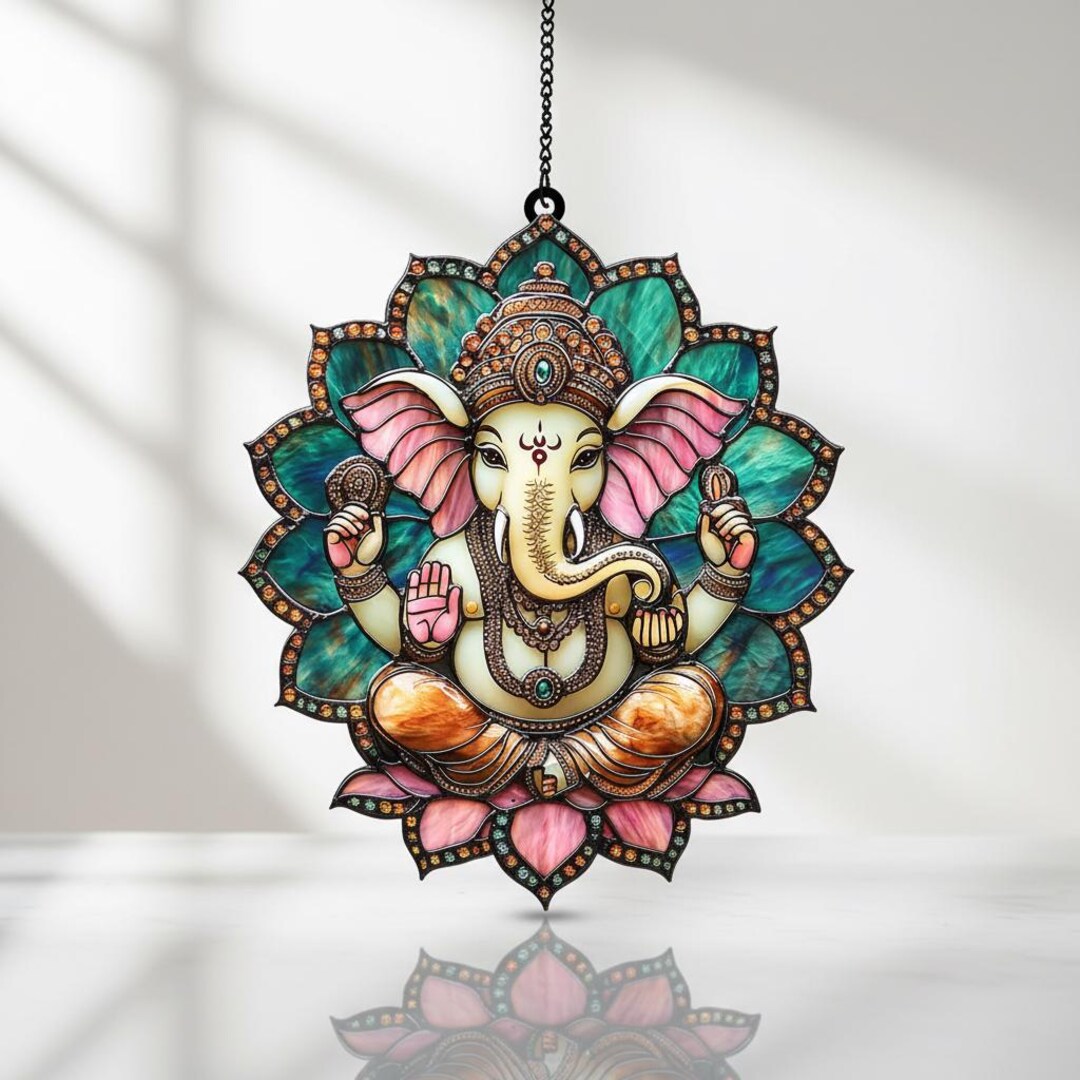 Ganesha on Lotus Faux Stained Glass Suncatcher | Acrylic Window Panel ...