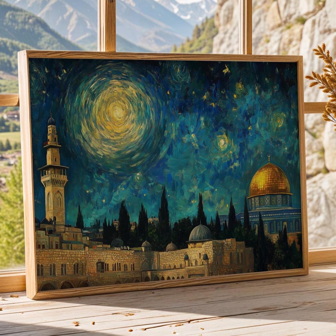 Al Aqsa Mosque Starry Night Inspired Wall Art Van Gogh Style Islamic ...