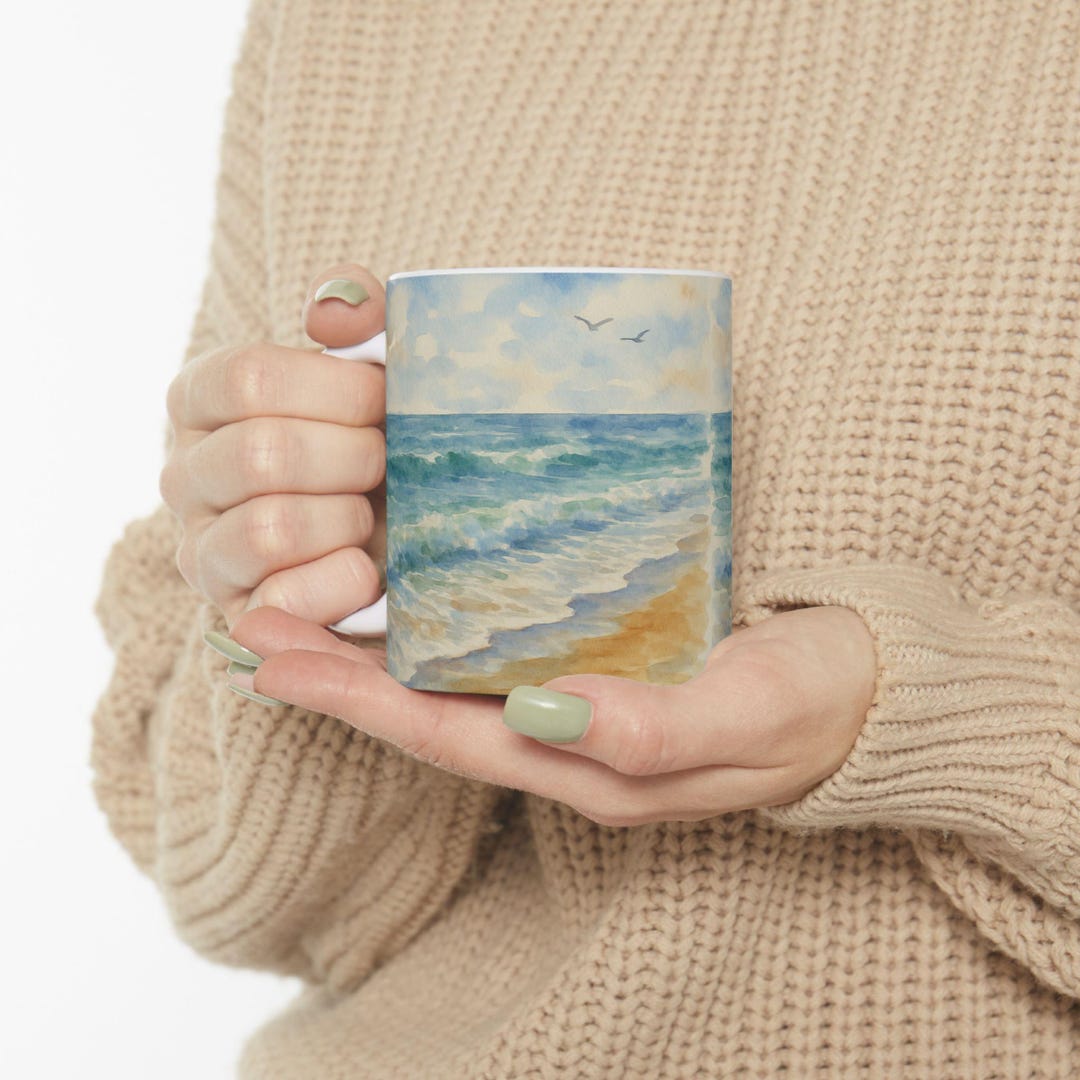 Watercolor Beach Mug 11oz - Ocean Waves Coffee Cup With Birds and Sand ...