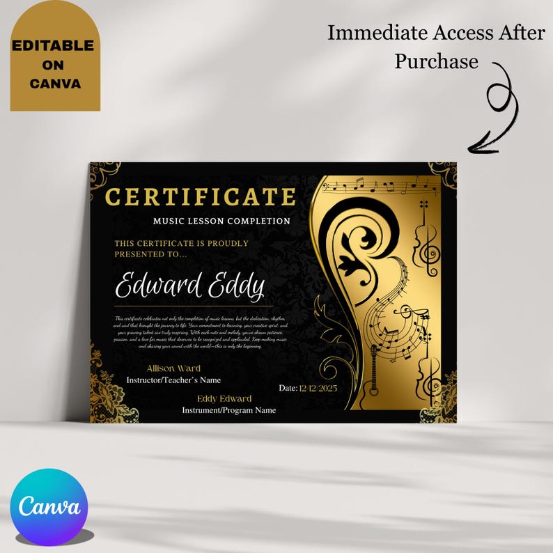 Music Certificate Editable Printable | Lesson Complete Award for ...
