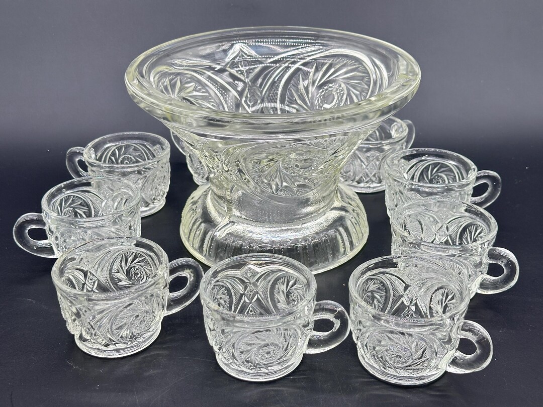 Vintage LE Smith Aztec Crystal Punch Bowl Set With 9 Cups - Etsy