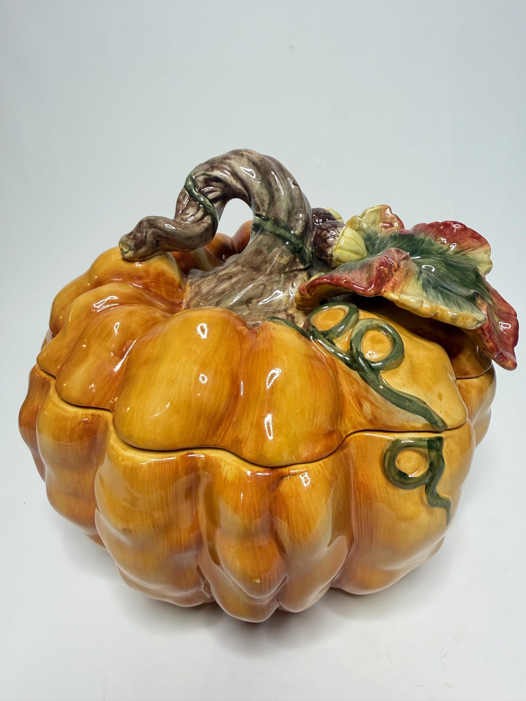 Pumpkin Patch Tureen W/ Ladle & Lid Made in USA Ceramic 9.5x9.5” Fall ...