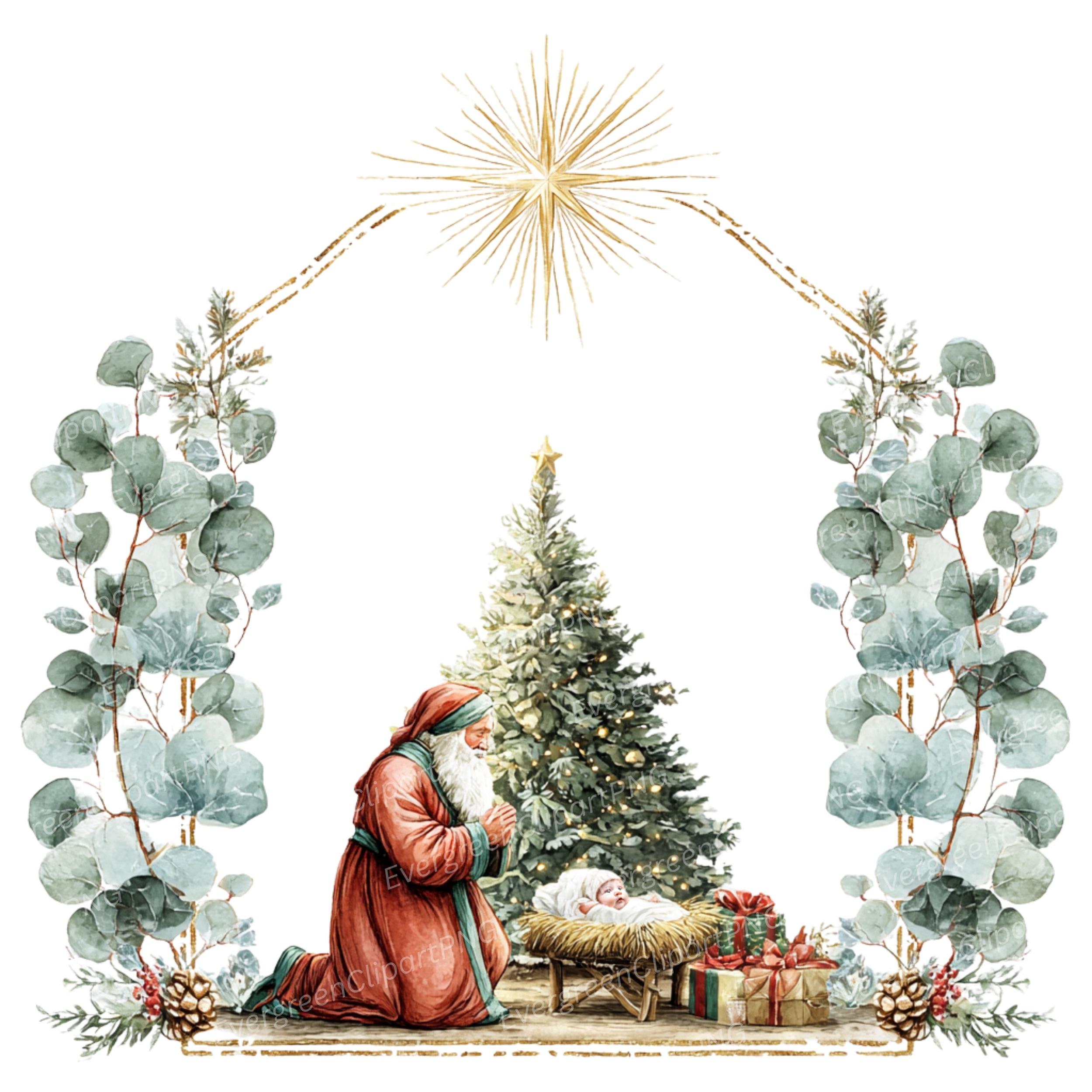 12 Santa Praying to Jesus Christmas Frame Clipart: Watercolor Holiday ...