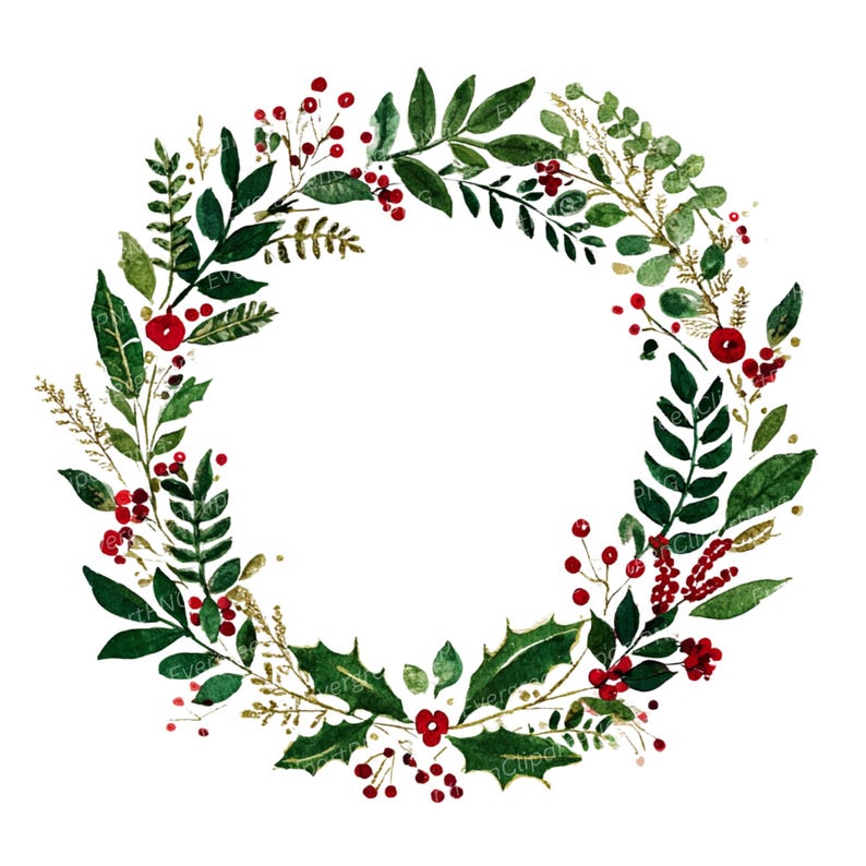 Watercolor Christmas Wreaths PNG: Holiday Greenery Clipart (digital ...