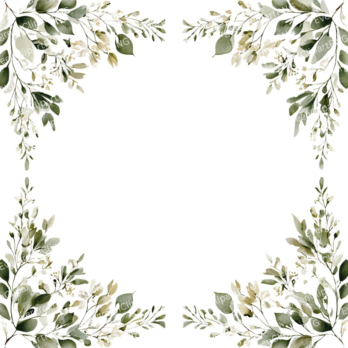 Watercolor Greenery Frames PNG: Botanical Leaf Clipart (digital ...